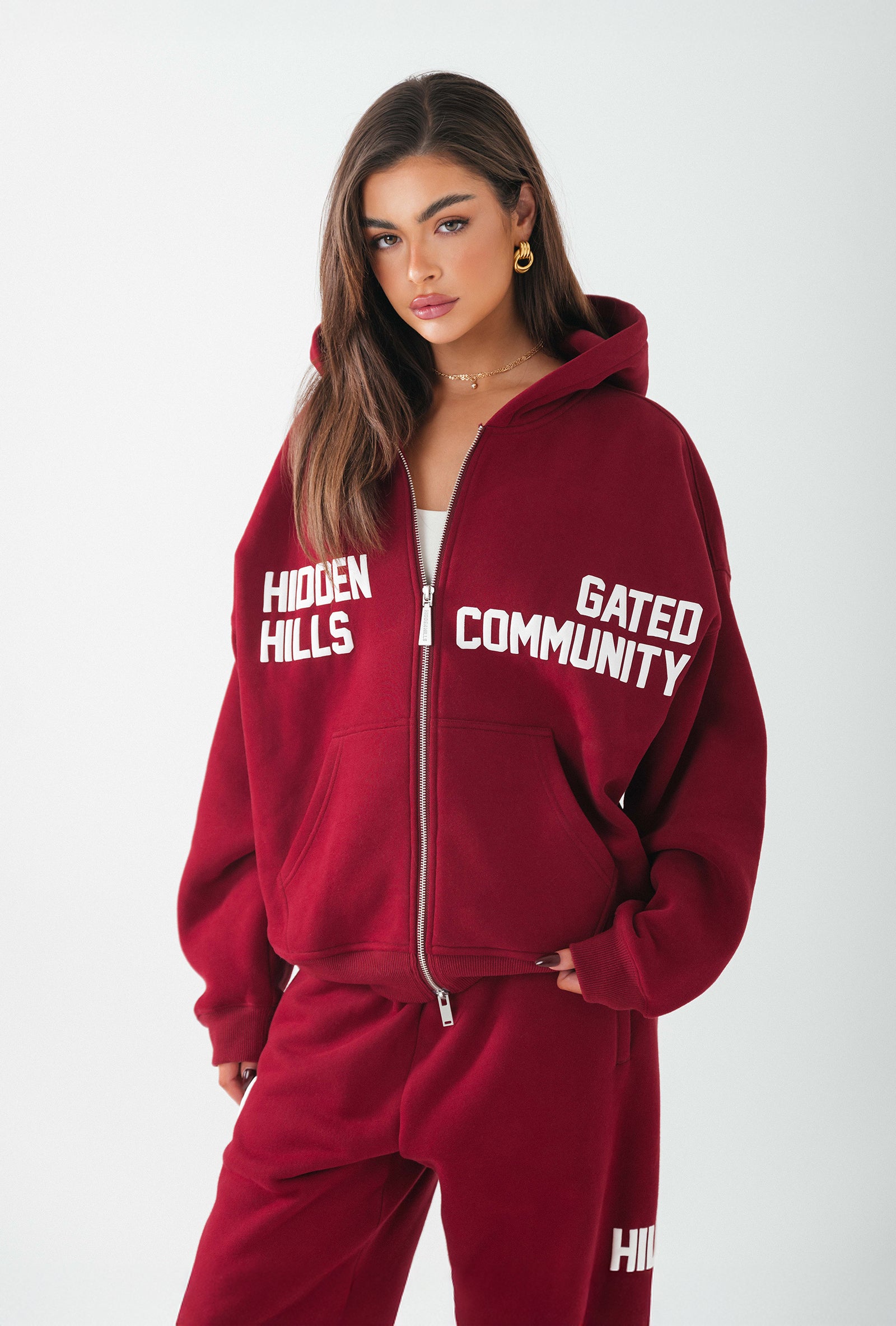 GATED COMMUNITY ZIP HOODIE BURGUNDY - Hidden Hills